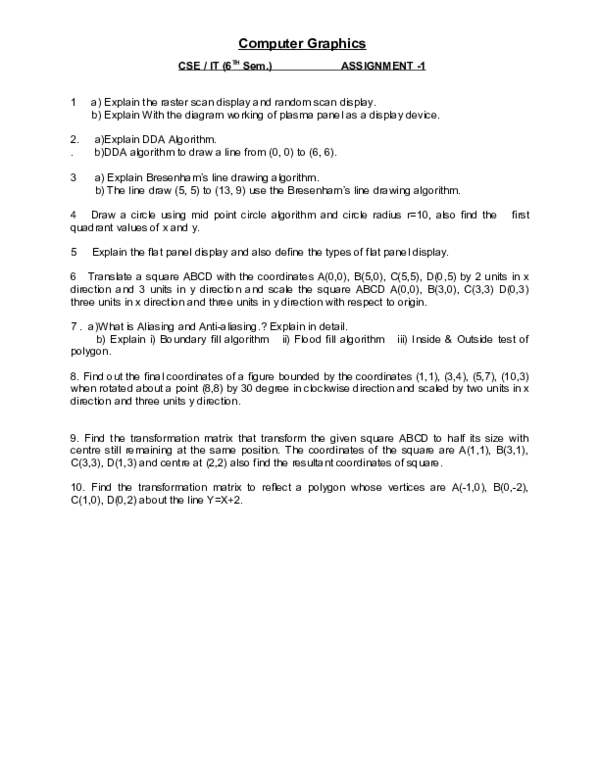 (DOC) Computer Graphics CSE / IT (6 TH Sem.) ASSIGNMENT -1 | tarannum arshi - Academia.edu