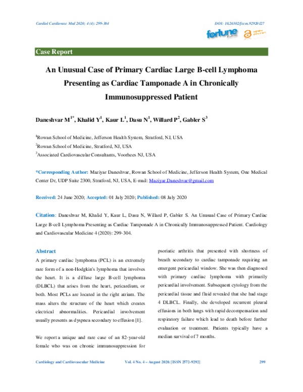(PDF) An Unusual Case of Primary Cardiac Large B-cell Lymphoma Presenting as Cardiac Tamponade A ...