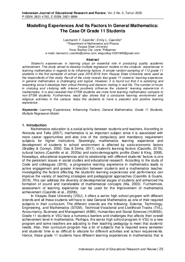 (PDF) Modelling experiences and its factors in general mathematics: the ...