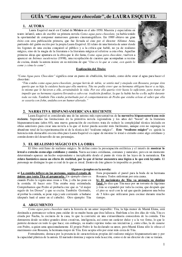 (PDF) GUÍA "Como agua para chocolate", de LAURA ESQUIVEL 1. AUTORA