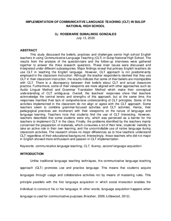 (PDF) Implementation of Communicative Language Teaching (CLT) in Sulop ...