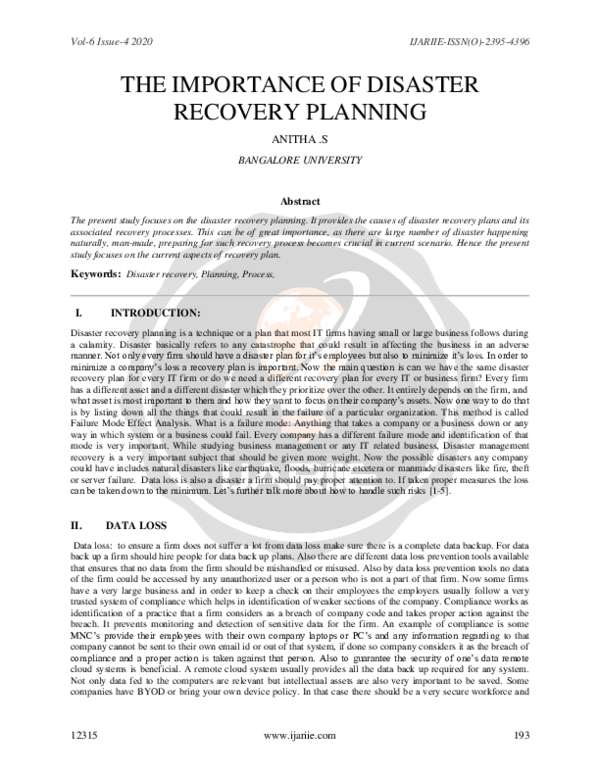 (PDF) THE IMPORTANCE OF DISASTER RECOVERY PLANNING