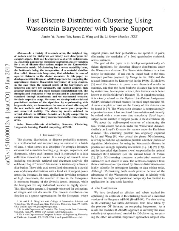 (PDF) Fast Discrete Distribution Clustering Using Wasserstein Barycenter With Sparse Support
