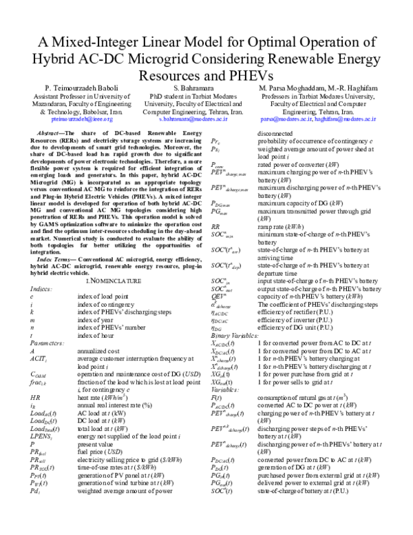 (PDF) A Mixed-Integer Linear Model for Optimal Operation of Hybrid AC-DC Microgrid Considering ...