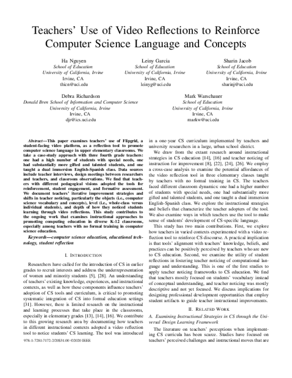 (PDF) Video Reflections in Upper Elementary Computer Science Teaching