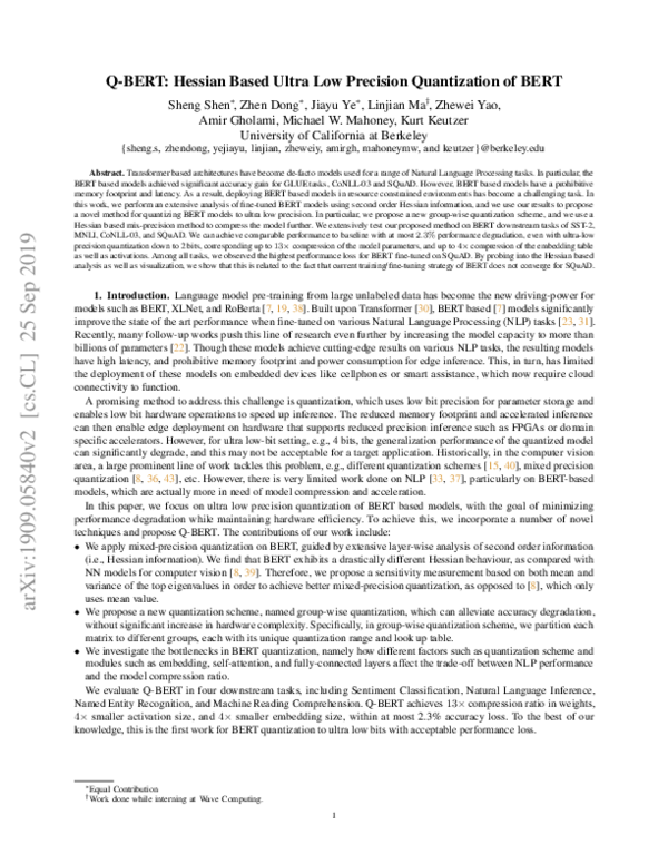 (PDF) Q-BERT: Hessian Based Ultra Low Precision Quantization of BERT