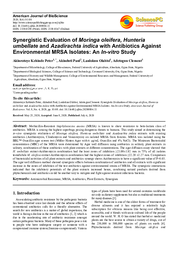 (PDF) Synergistic Evaluation of Moringa oleifera, Hunteria umbellate and Azadirachta indica with ...