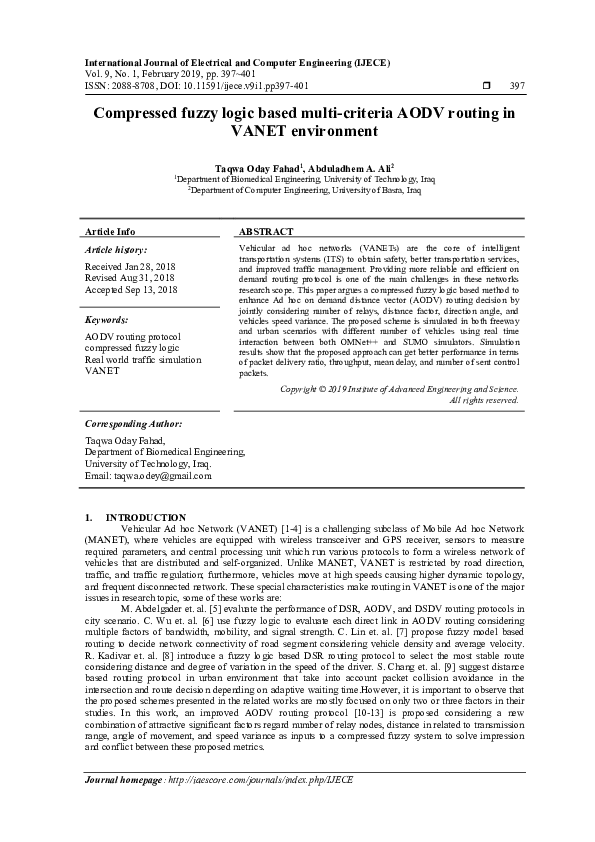 Pdf Compressed Fuzzy Logic Based Multi Criteria Aodv Routing In Vanet Environment