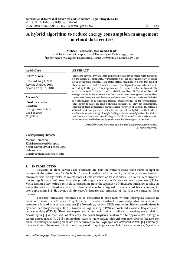 Pdf A Hybrid Algorithm To Reduce Energy Consumption Management In Cloud Data Centers