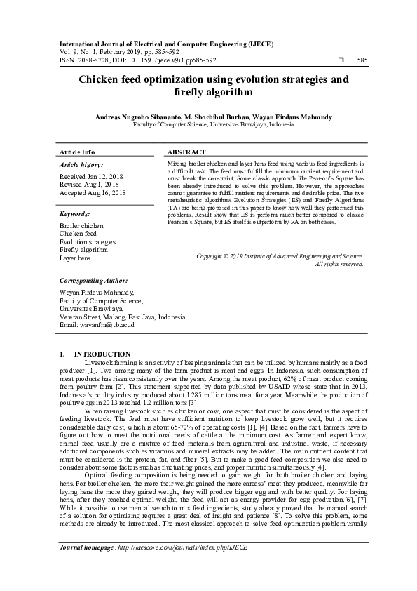 Pdf Chicken Feed Optimization Using Evolution Strategies And Firefly Algorithm