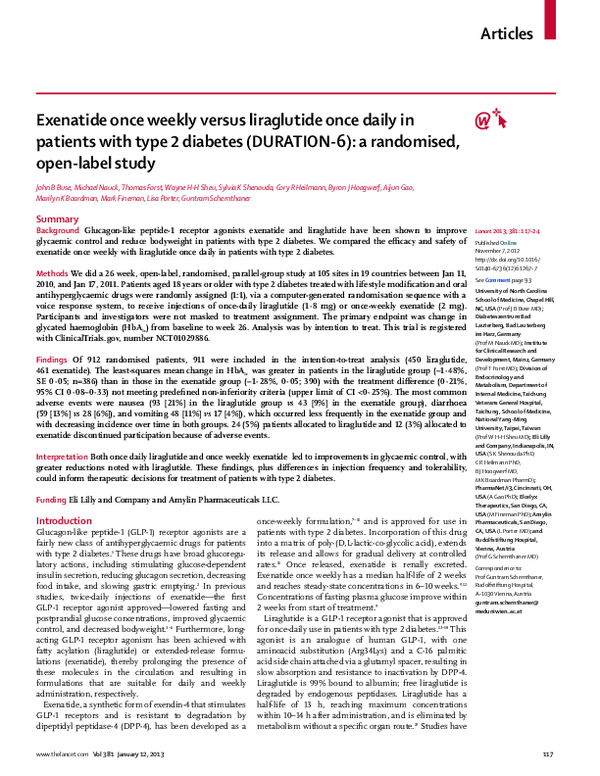 (PDF) Exenatide once weekly versus liraglutide once daily in patients ...