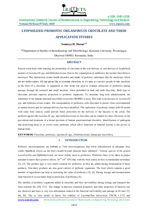 (PDF) LYOPHILIZED PROBIOTIC ORGANISMS IN CHOCOLATE AND THEIR APPLICATION STUDIES