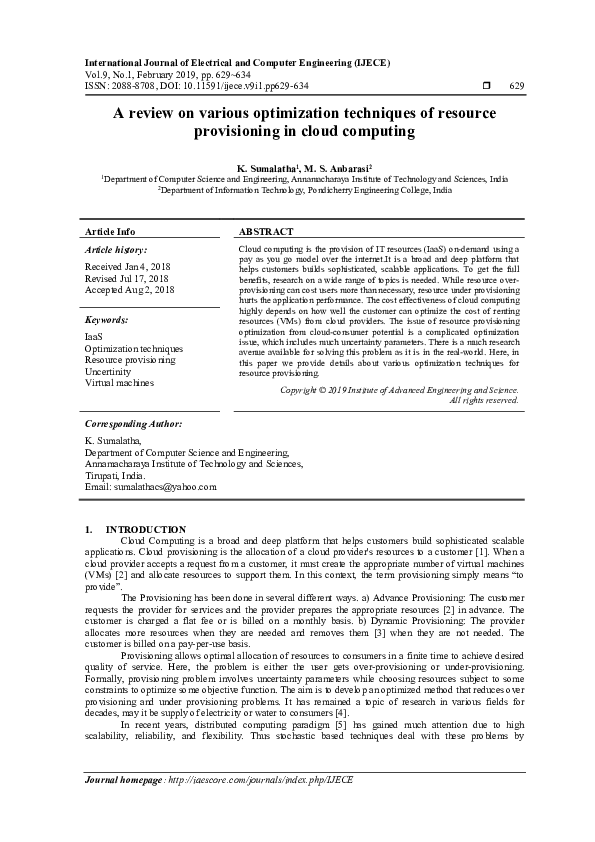 Pdf A Review On Various Optimization Techniques Of Resource Provisioning In Cloud Computing