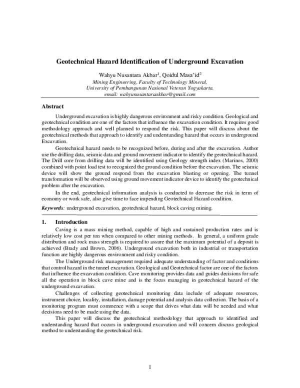 (PDF) Geotechnical Hazard Identification of Underground Excavation