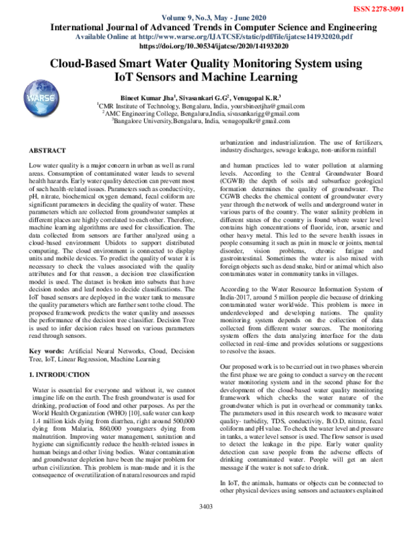 Pdf Cloud Based Smart Water Quality Monitoring System Using Iot Sensors And Machine Learning