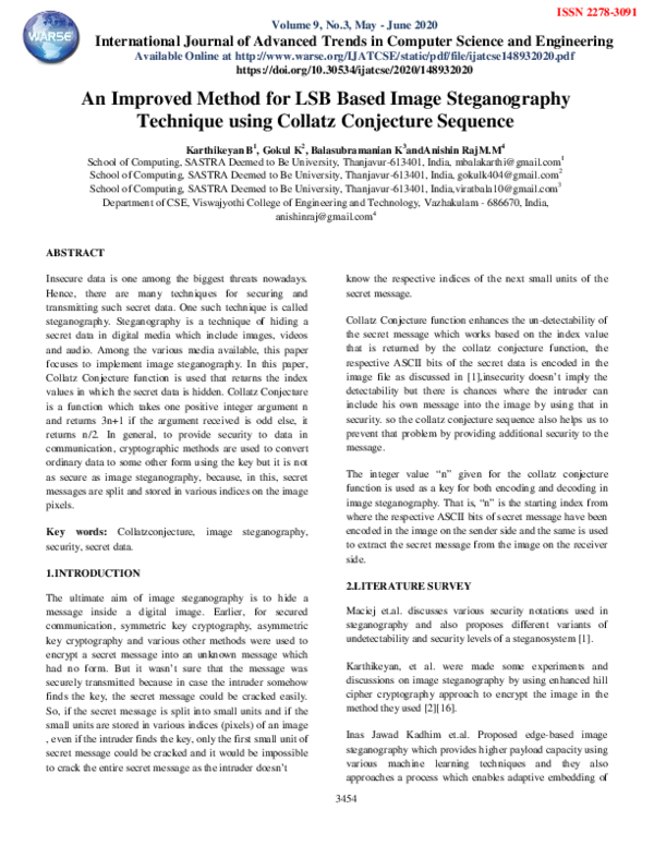 Pdf An Improved Method For Lsb Based Image Steganography Technique Using Collatz Conjecture