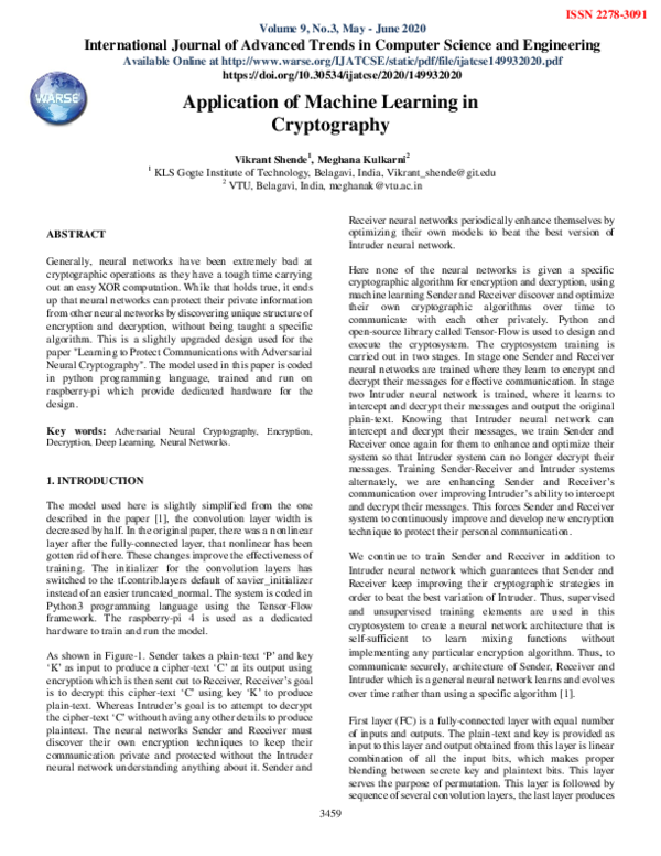 Pdf Application Of Machine Learning In Cryptography