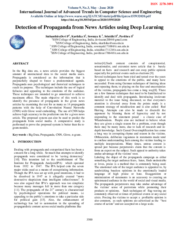 (PDF) Detection of Propaganda from News Articles using Deep Learning