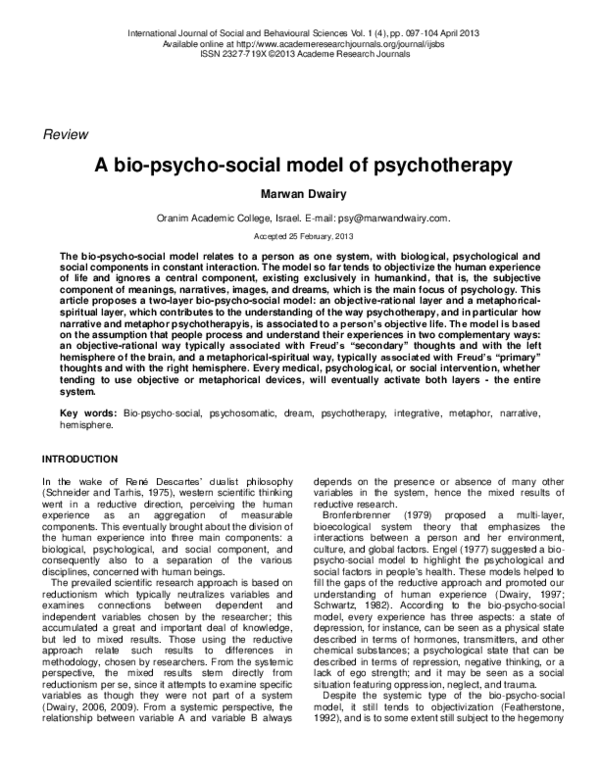 (PDF) 2013 A two-layers bio-psycho-social model of psychotherapy