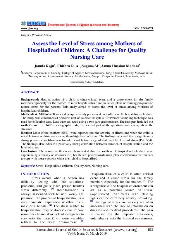 (PDF) Assess the Level of Stress among Mothers of Hospitalized Children ...