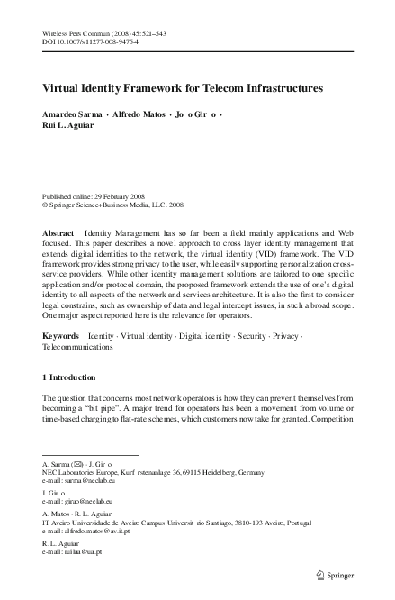 (PDF) Virtual Identity Framework for Telecom Infrastructures