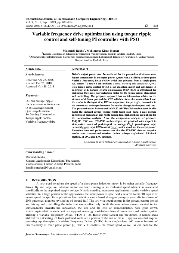 Pdf Variable Frequency Drive Optimization Using Torque Ripple Control And Self Tuning Pi