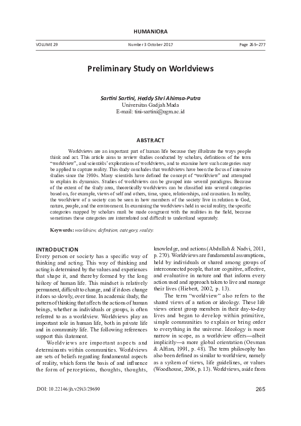 (PDF) Preliminary Study on Worldviews