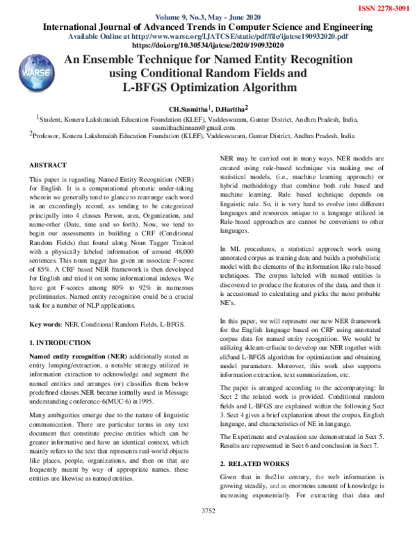 (PDF) An Ensemble Technique for Named Entity Recognition using Conditional Random Fields and L ...