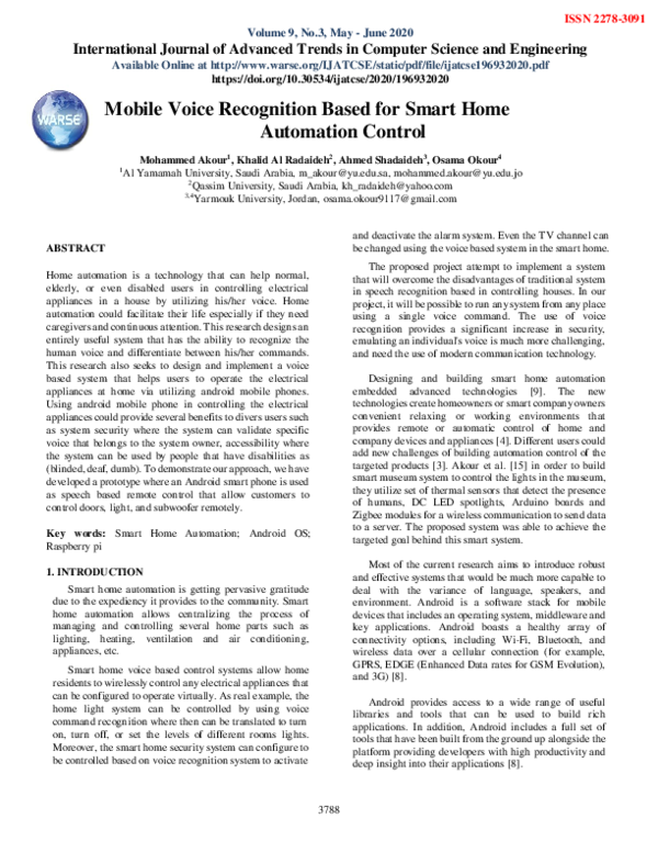 Pdf Mobile Voice Recognition Based For Smart Home Automation Control