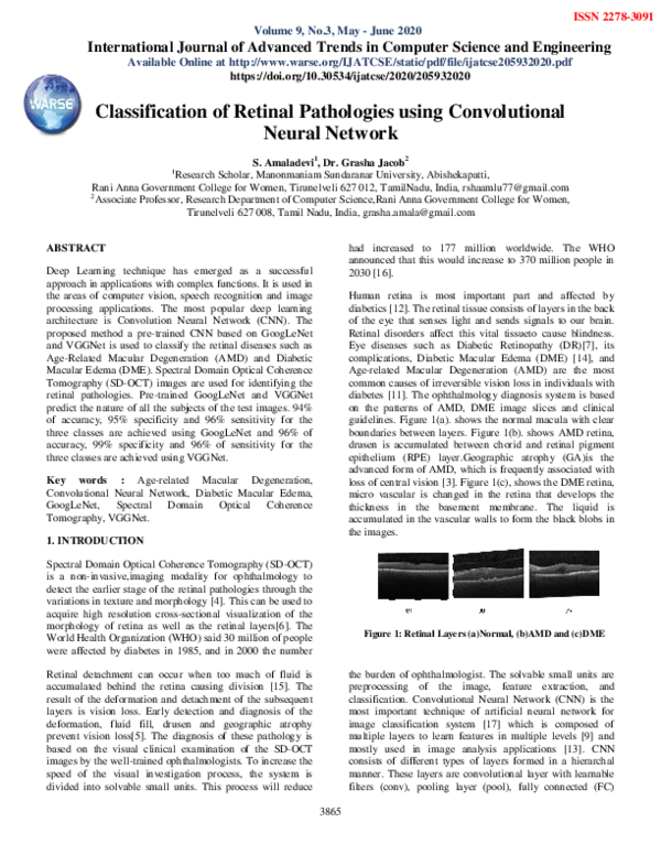 Pdf Classification Of Retinal Pathologies Using Convolutional Neural Network