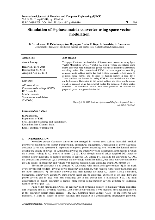 Pdf Simulation Of 3 Phase Matrix Converter Using Space Vector Modulation