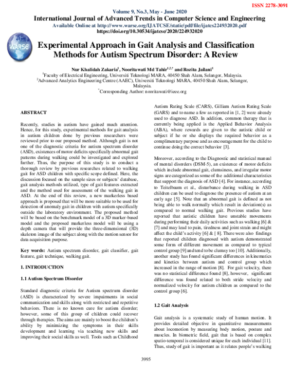 Pdf Experimental Approach In Gait Analysis And Classification Methods For Autism Spectrum
