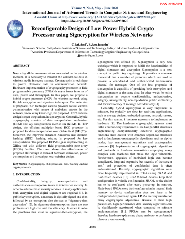 (PDF) Reconfigurable Design of Low Power Hybrid Crypto Processor using Signcryption for Wireless ...