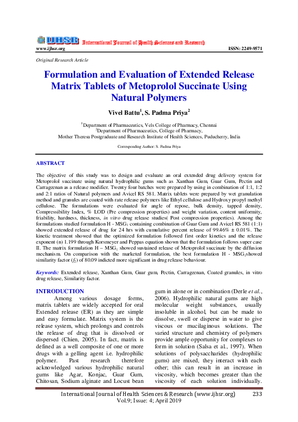 Pdf Formulation And Evaluation Of Extended Release Matrix Tablets Of Metoprolol Succinate