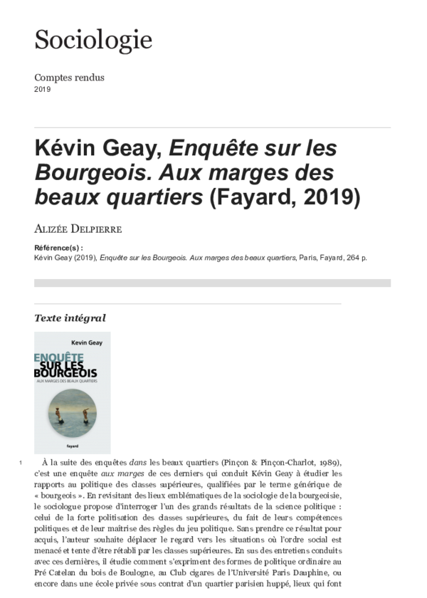(PDF) Compte-rendu de Kévin Geay, Enquêre sur les Bourgeois. Aux marges ...