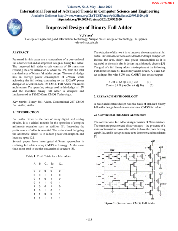 Pdf Improved Design Of Binary Full Adder