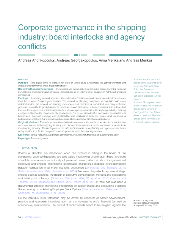 (PDF) Corporate governance in the shipping industry: board interlocks and agency conflicts