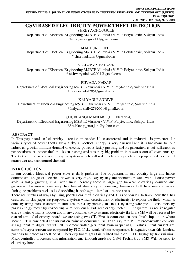 (PDF) IJIERT- GSM BASED ELECTRICITY POWER THEFT DETECTION