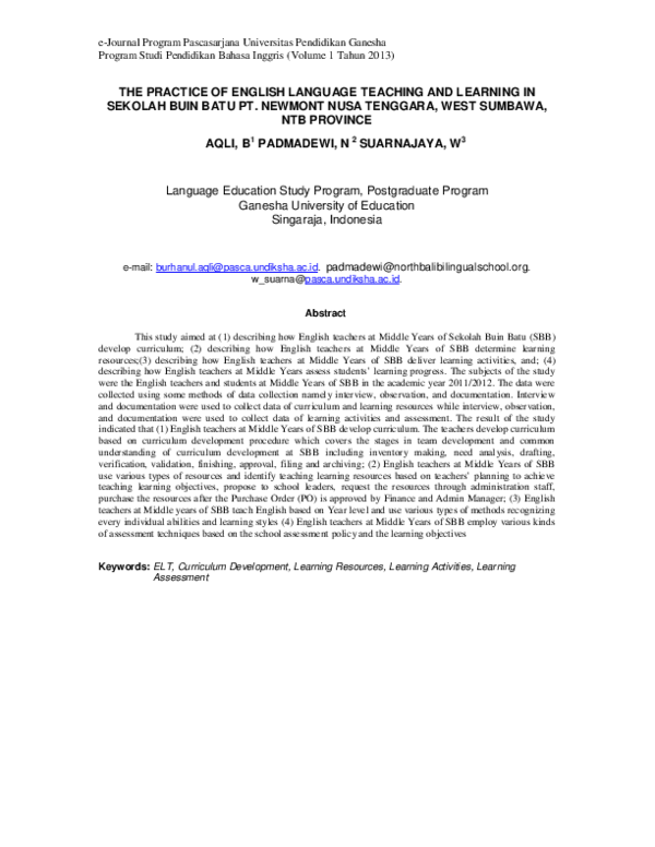 (PDF) THE PRACTICE OF ENGLISH LANGUAGE TEACHING AND LEARNING IN SEKOLAH ...