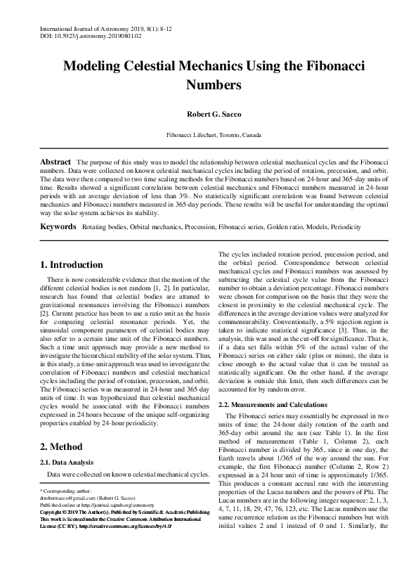 (PDF) Modeling Celestial Mechanics Using the Fibonacci Numbers