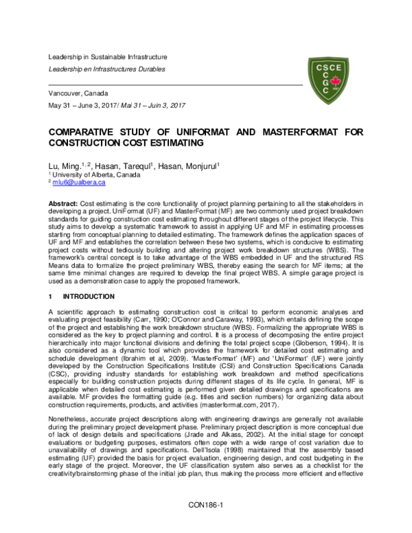 (PDF) Comparative Study of Uniformat and Masterformat for Construction ...