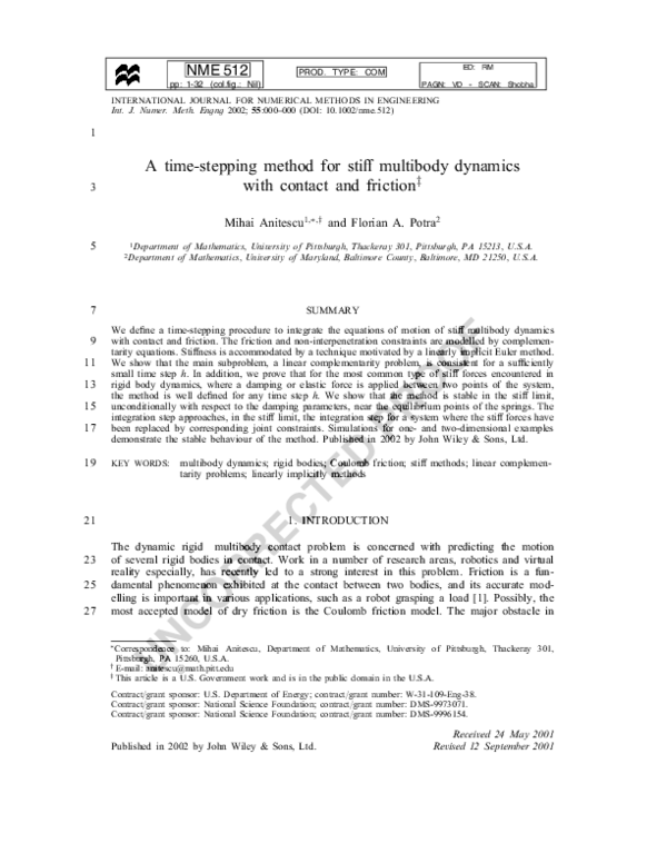 Pdf A Time Stepping Method For Stiff Multibody Dynamics With Contact And Friction