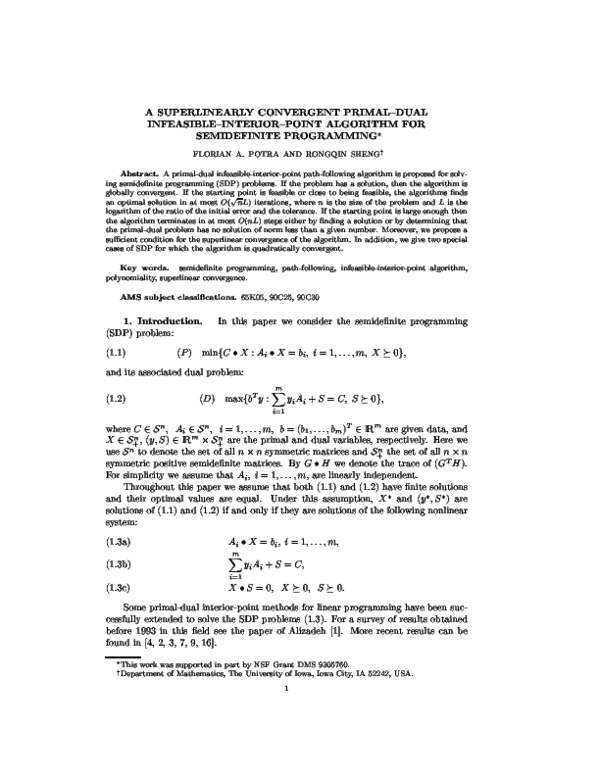 Pdf A Superlinearly Convergent Primal Dual Infeasible Interior Point Algorithm For