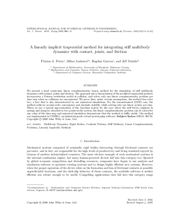 (PDF) A linearly implicit trapezoidal method for integrating stiff multibody dynamics with ...