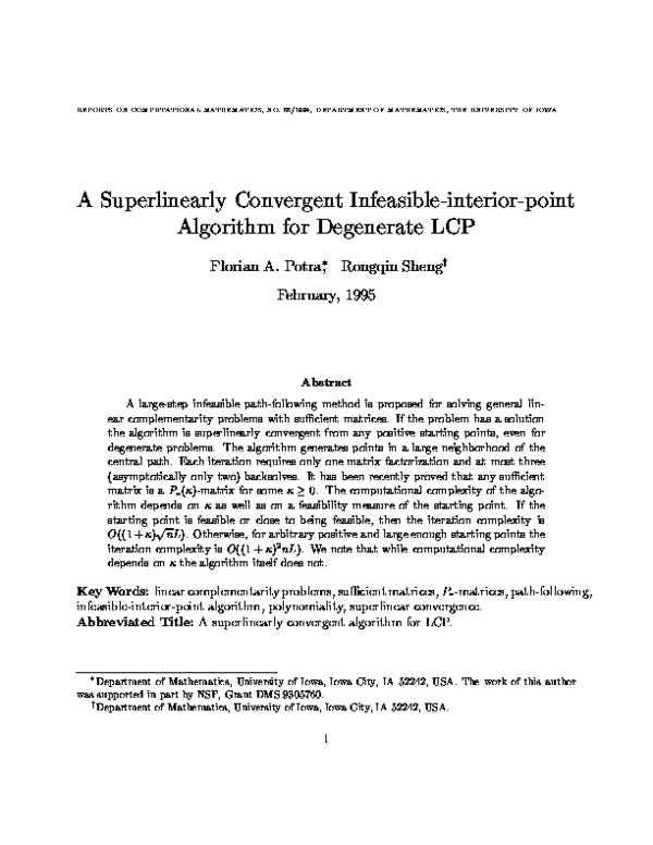 Pdf Superlinearly Convergent Infeasible Interior Point Algorithm For