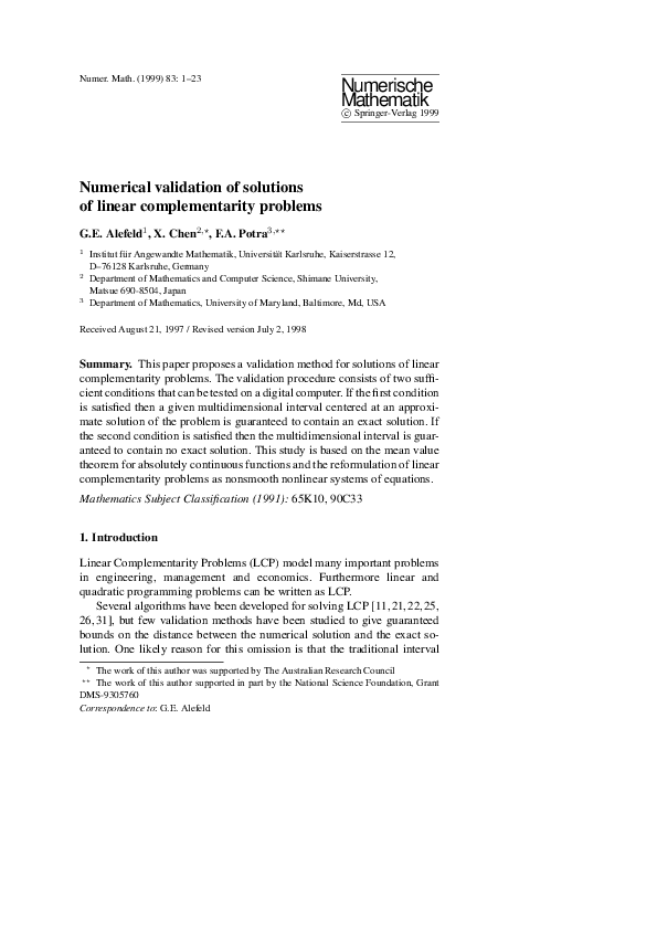 (PDF) Numerical validation of solutions of linear complementarity problems