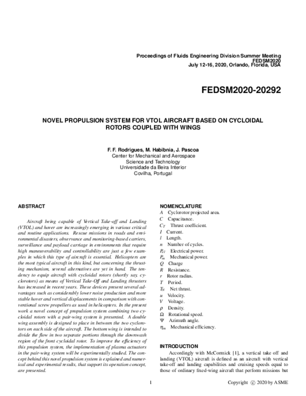 (PDF) FEDSM2020-20292 NOVEL PROPULSION SYSTEM FOR VTOL AIRCRAFT BASED ...