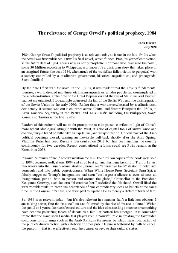 (PDF) The relevance of George Orwell's political prophecy, 1984