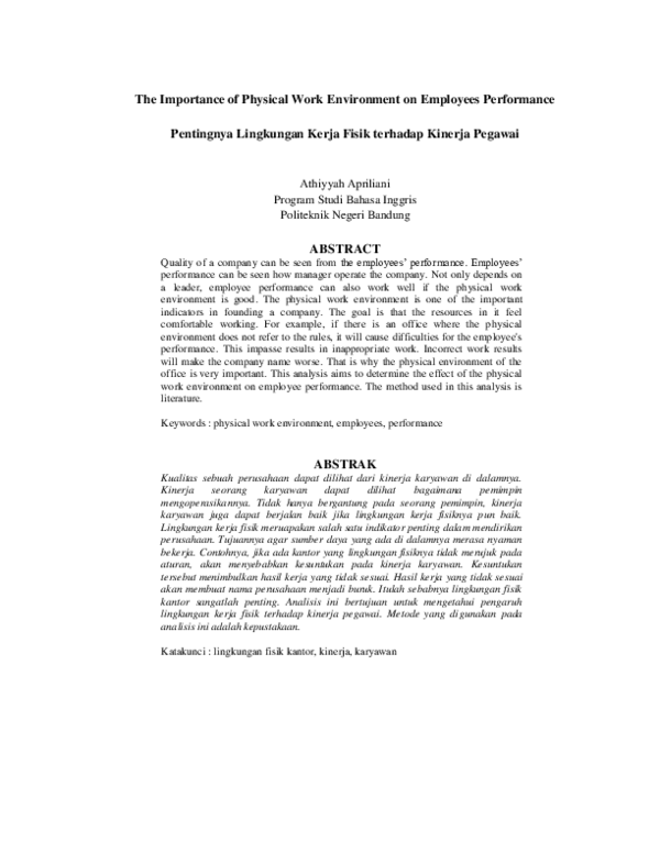 (PDF) The Importance of Physical Work Environment on Employees Performance