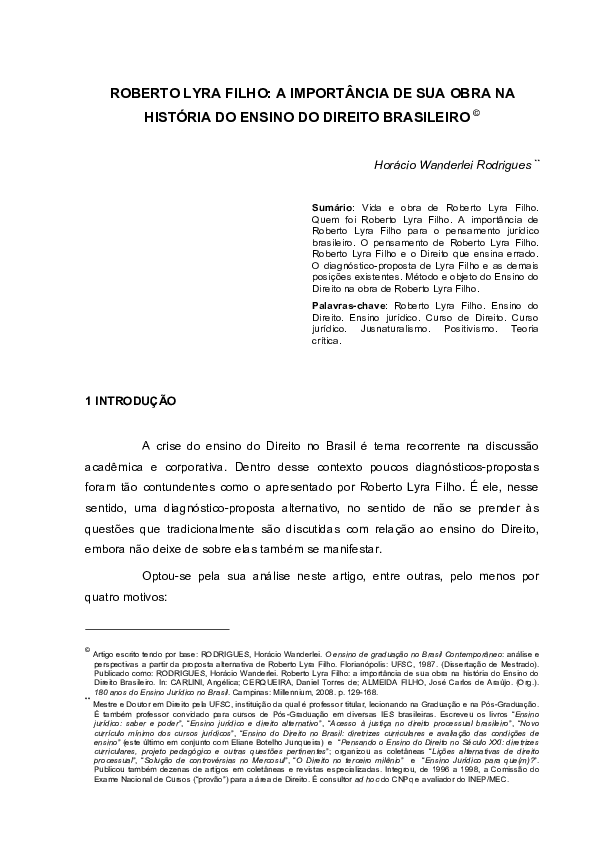 (PDF) ROBERTO LYRA FILHO: A IMPORTÂNCIA DE SUA OBRA NA HISTÓRIA DO ...